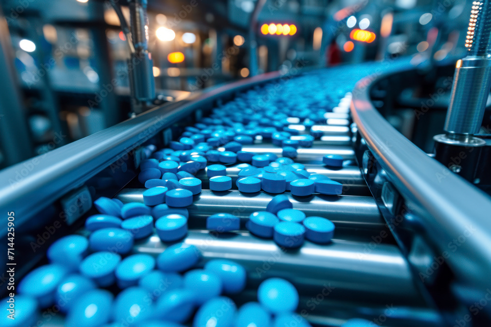 Blue Capsules are Moving on Conveyor at Modern Pharmaceutical Factory ...