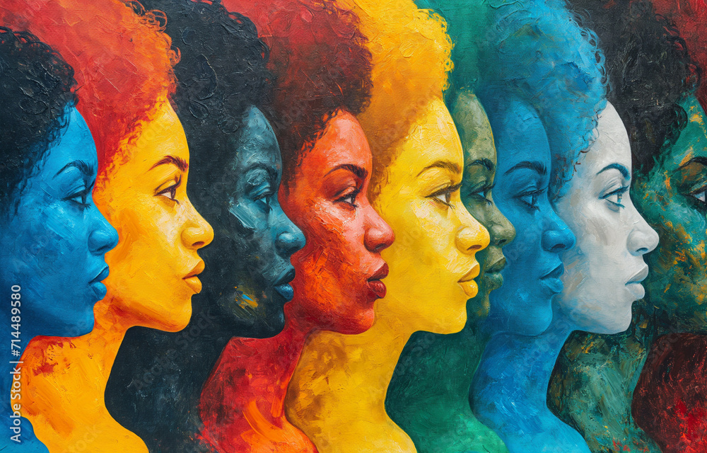 Artistic rendition of diverse human profiles in vibrant rainbow colors ...