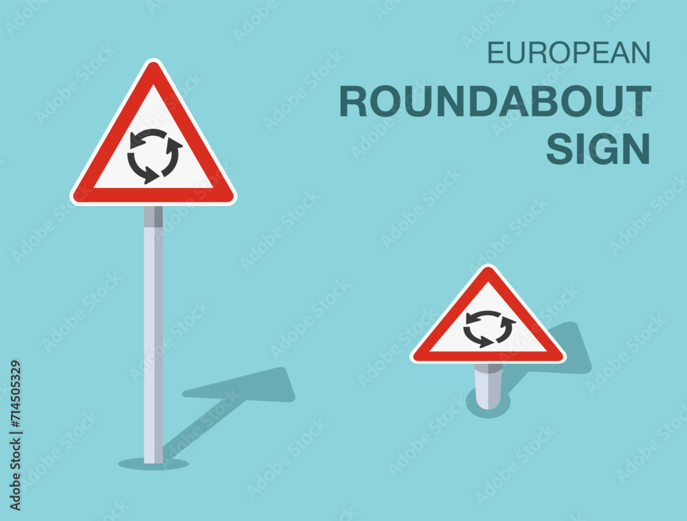 Traffic regulation rules. Isolated european roundabout sign. Front and ...