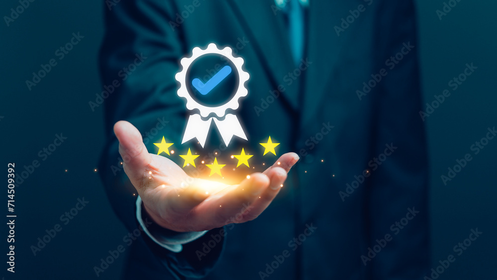 Businessman presents a glowing five-star rating and quality assurance ...
