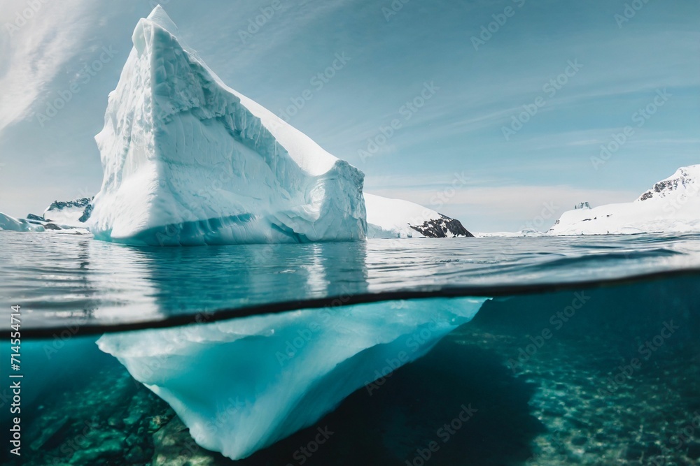 Amazing white iceberg floats in the ocean with a view underwater ...