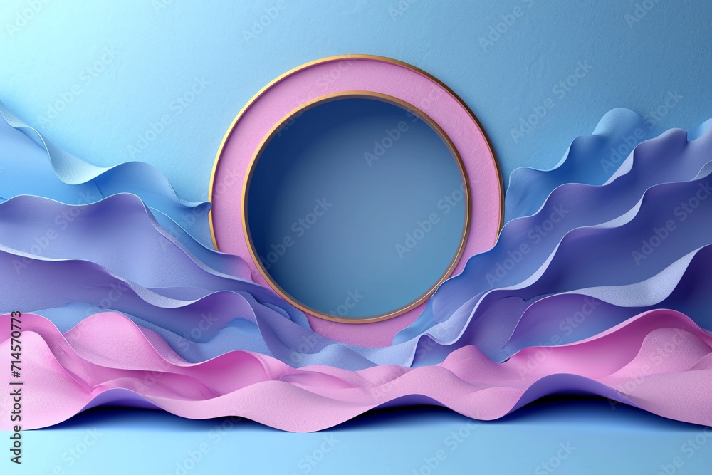 3 Violet cylinder pedestal with gold border and circle on blue wave ...