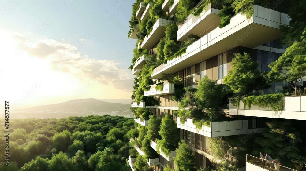 Greenery exterior glass window building full of plants, Green architecture is a style of ...