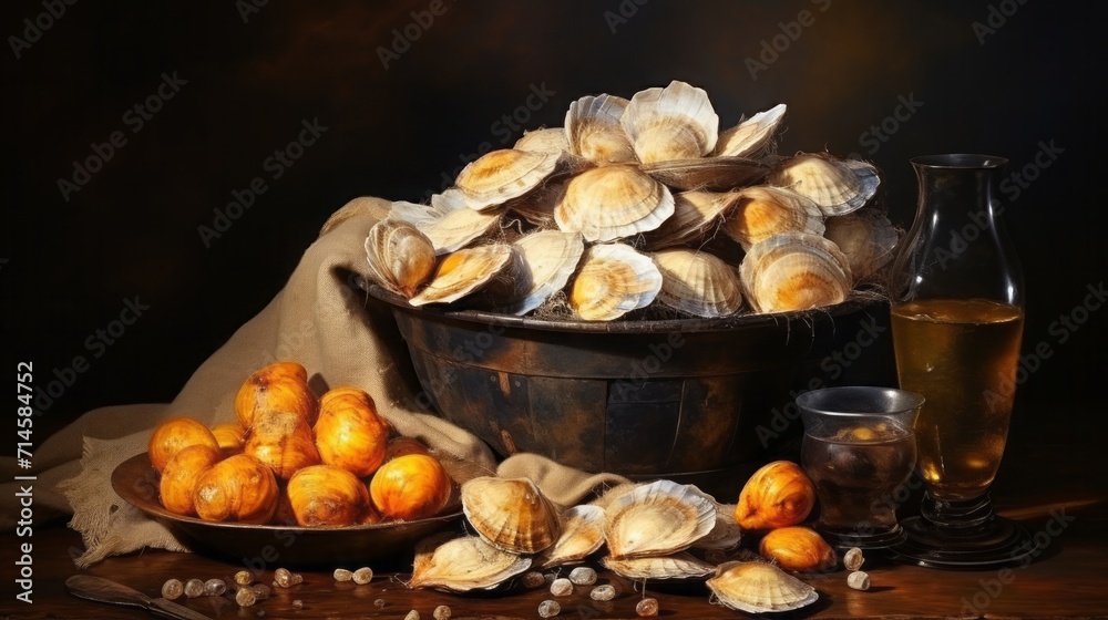 Clams, clam shells on table, oil painting, dark background Stock Photo ...