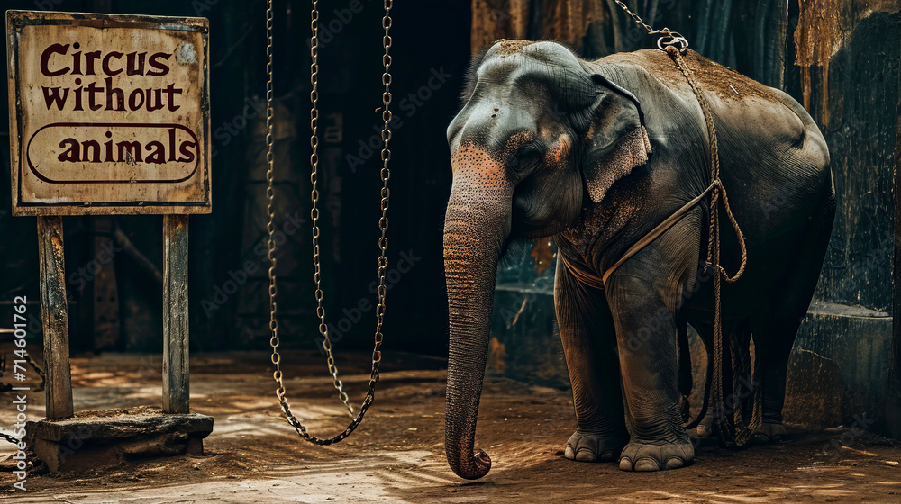 The elephant is tied with a chain, next to a sign with the inscription ...