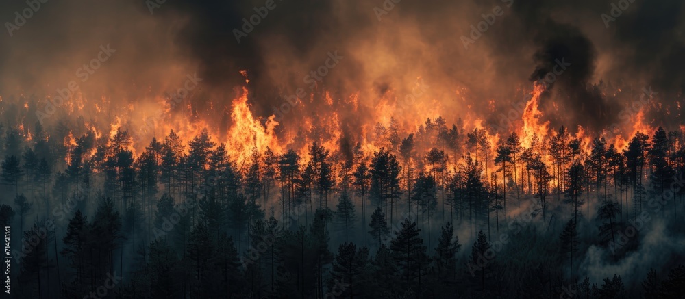 Large forest fire with dark smoke engulfing pine groves, causing trunk ...