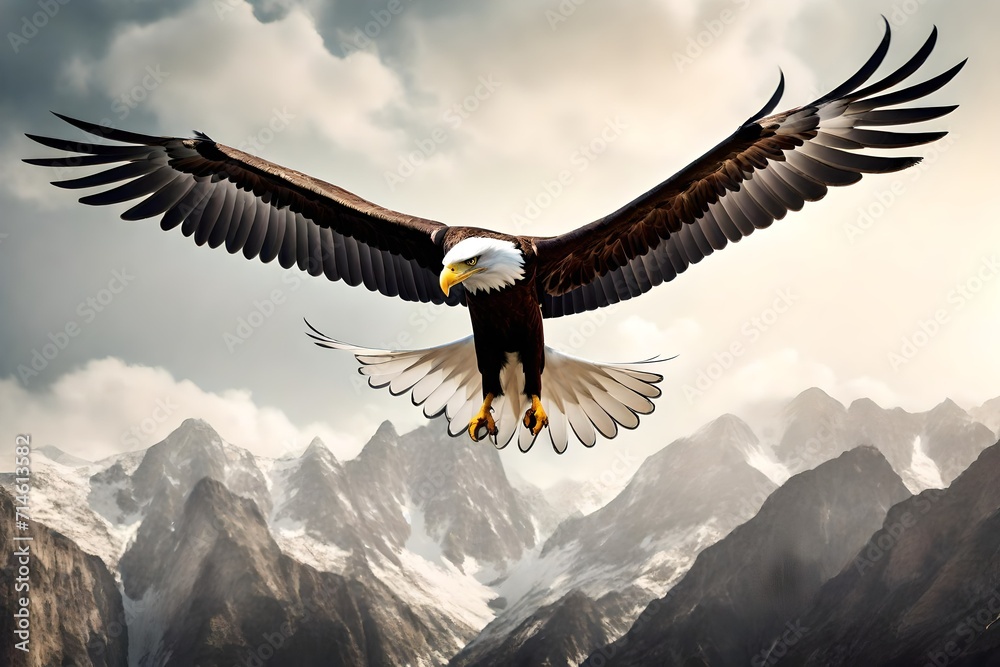A majestic eagle soaring high in the sky, with its wings outstretched and eyes focused ...