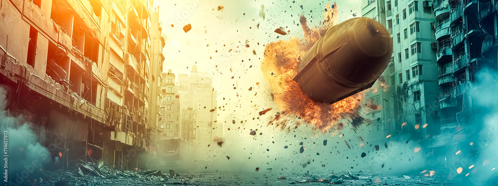A cinematic scene of a bomb plummeting towards a devastated city street ...