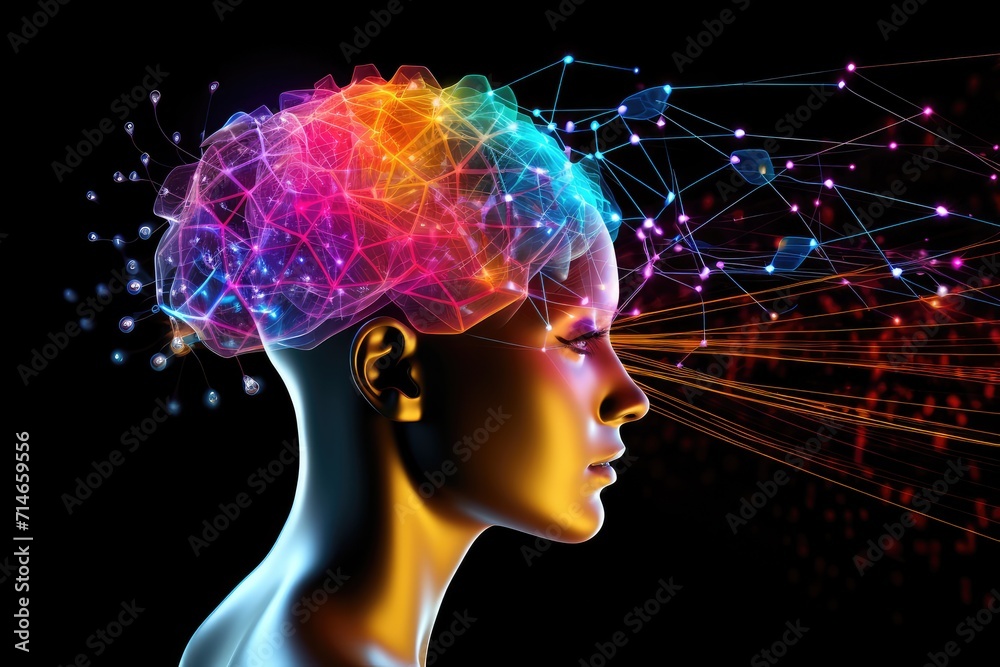 Colored head in the dark, medical illustration, brain photography of ...