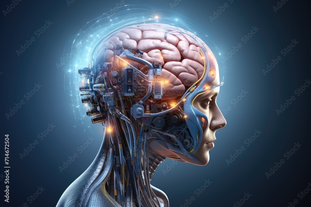 Cyborg Roboter woman, innovative electric brain chip. Smart 3D MRI and ...