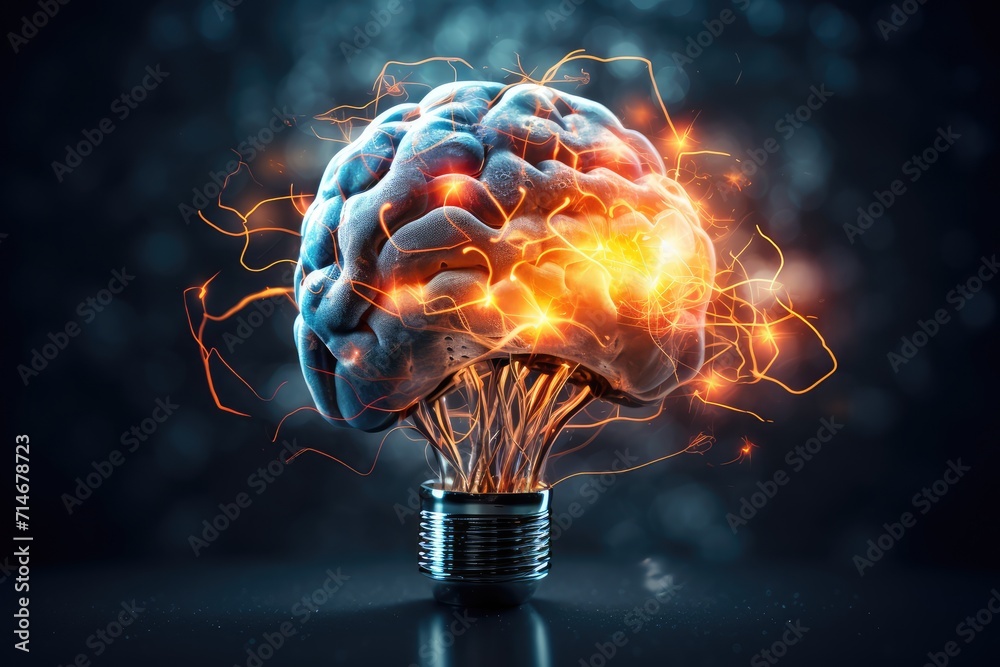 Human brain light bulb energy with fire, long-term memory, information ...