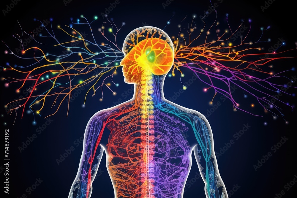 Colorful brain neurons, realm of brain oncology, shadows emerge. Tumors ...