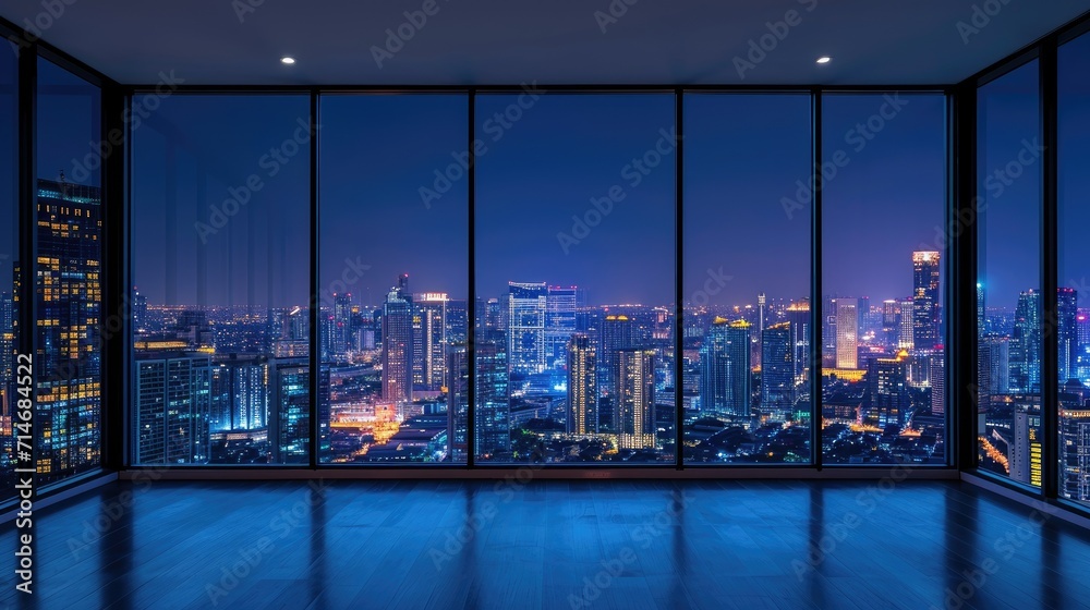 An empty room in a skyscraper and a view of the night city. Beautiful ...