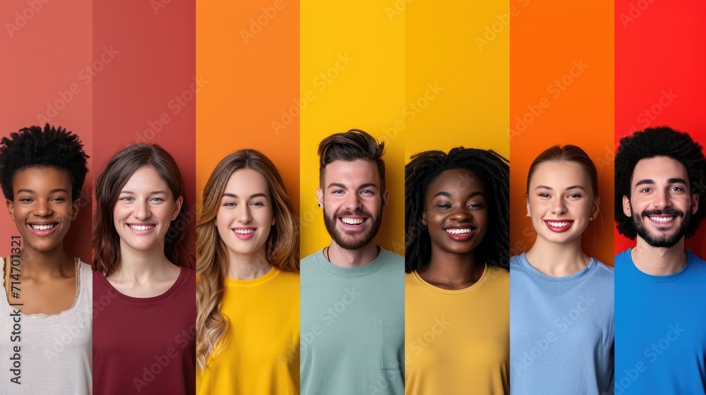 Row Of Multiracial People Faces Posing Smiling To Camera Over Colored ...