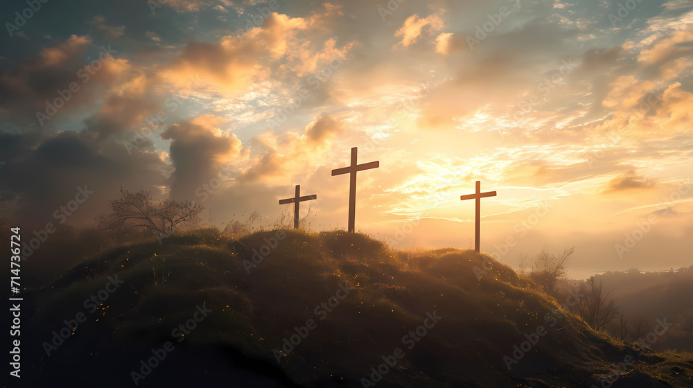 Foto three cross on the hill with red sky hill of calvary christianity golgotha hill catholic ...