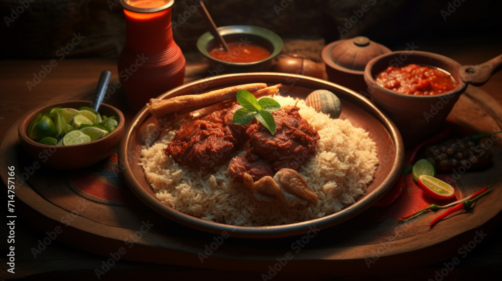 A plate of Yemeni mandi, a flavorful rice dish served with tender slow ...