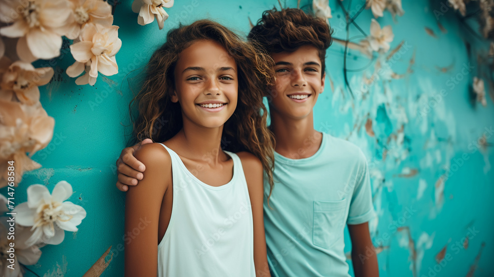 Teenager girl and guy with very nice smile hugging each other in sea ...