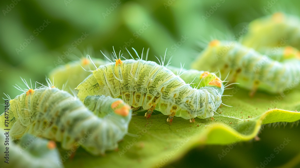Silkworms in the process of metamorphosis, symbolizing the ...