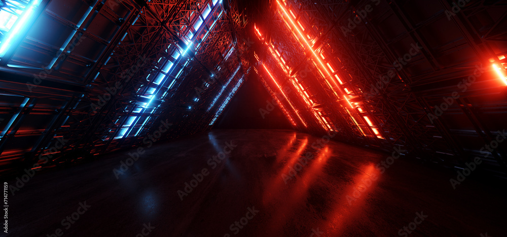 Triangle Shaped Sci Fi Garage Concrete Futuristic Cyber Neon Glowing ...