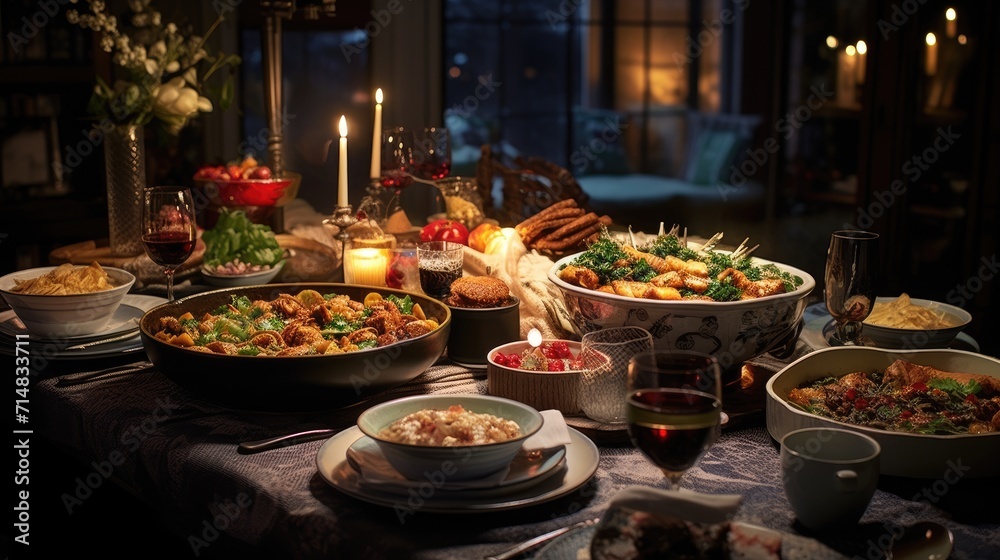 A neighborhood potluck dinner showcasing a diverse array of dishes from ...