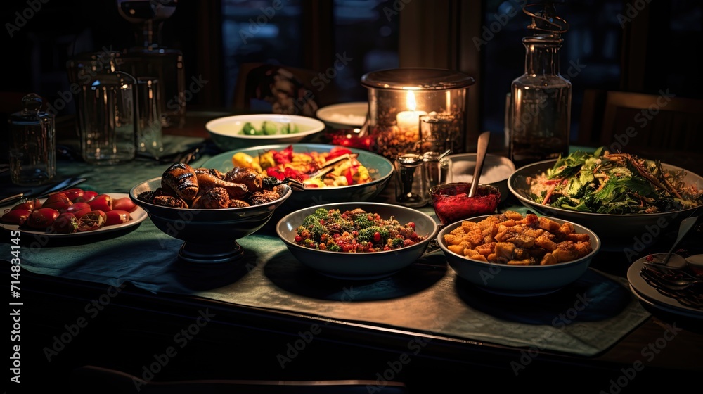 A neighborhood potluck dinner showcasing a diverse array of dishes from ...