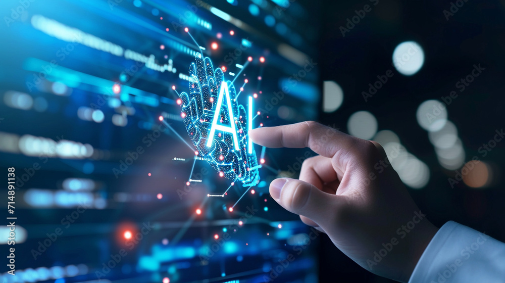"AI" on a touchscreen being interacted with by a human hand, artificial ...