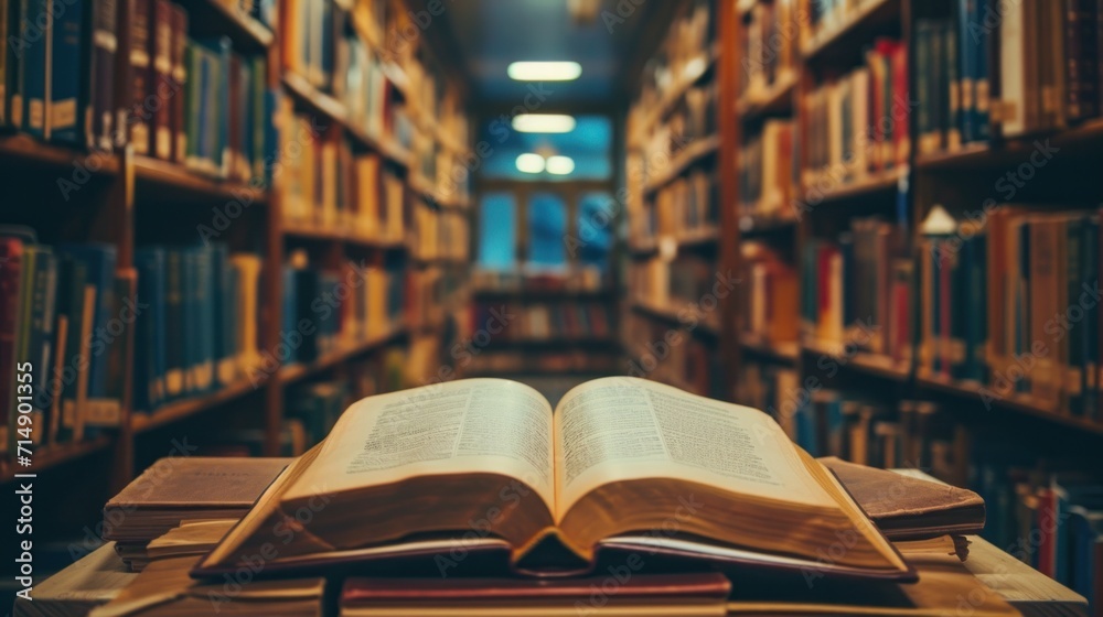 Stock-Illustration „Book in library with old open textbook, stack piles ...