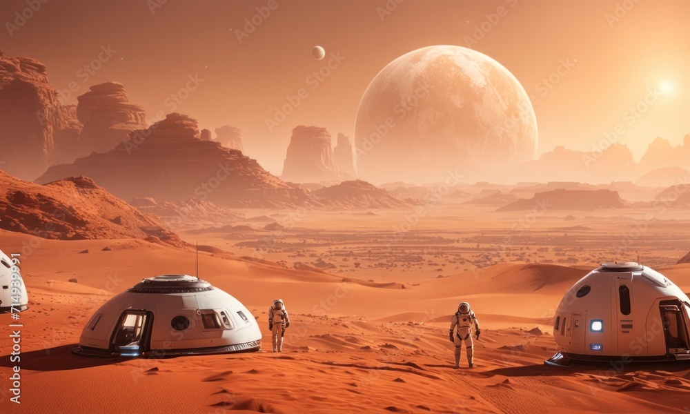 Illustration Stock Mars colony concept. Early Martian settlement areal view. Human exoplanet or ...