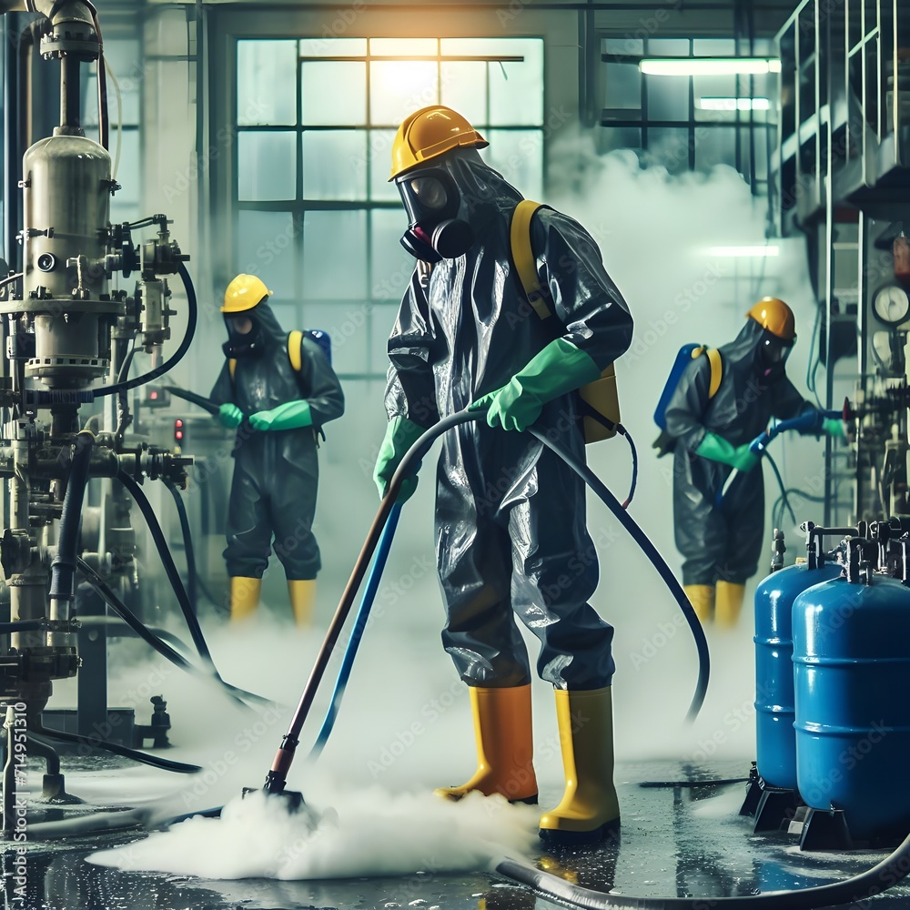Factory worker with a bucket and pump, wearing a safety helmet, is a ...