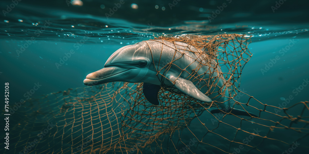 Стоковое фото «A dolphin caught in a fishing net highlights the problem ...