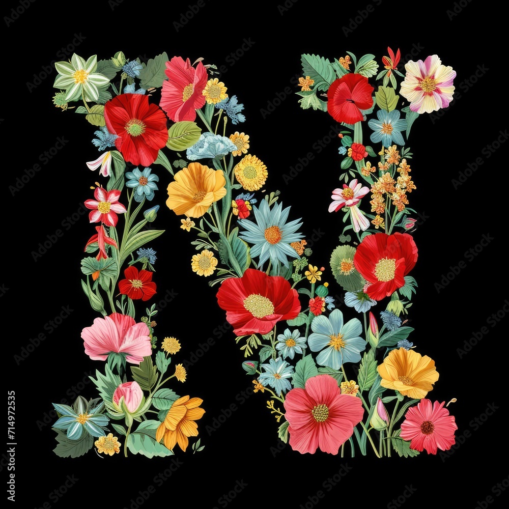 Floral Split Alphabet N Monogram, Split Letter, Split Font, Floral ...
