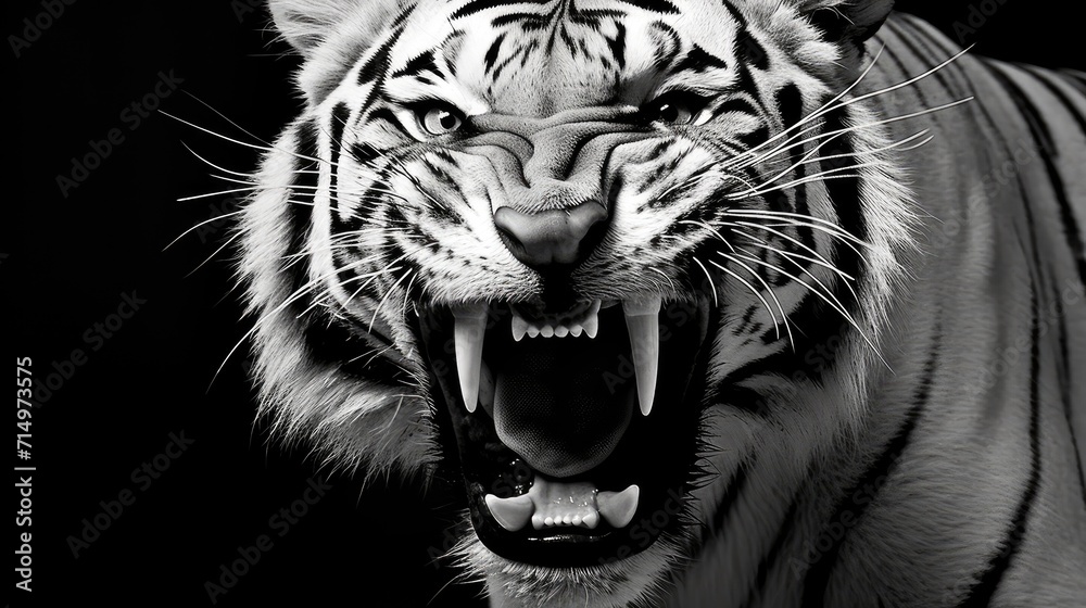 Close-up of the head of an aggressive tiger ready to attack. Wild ...