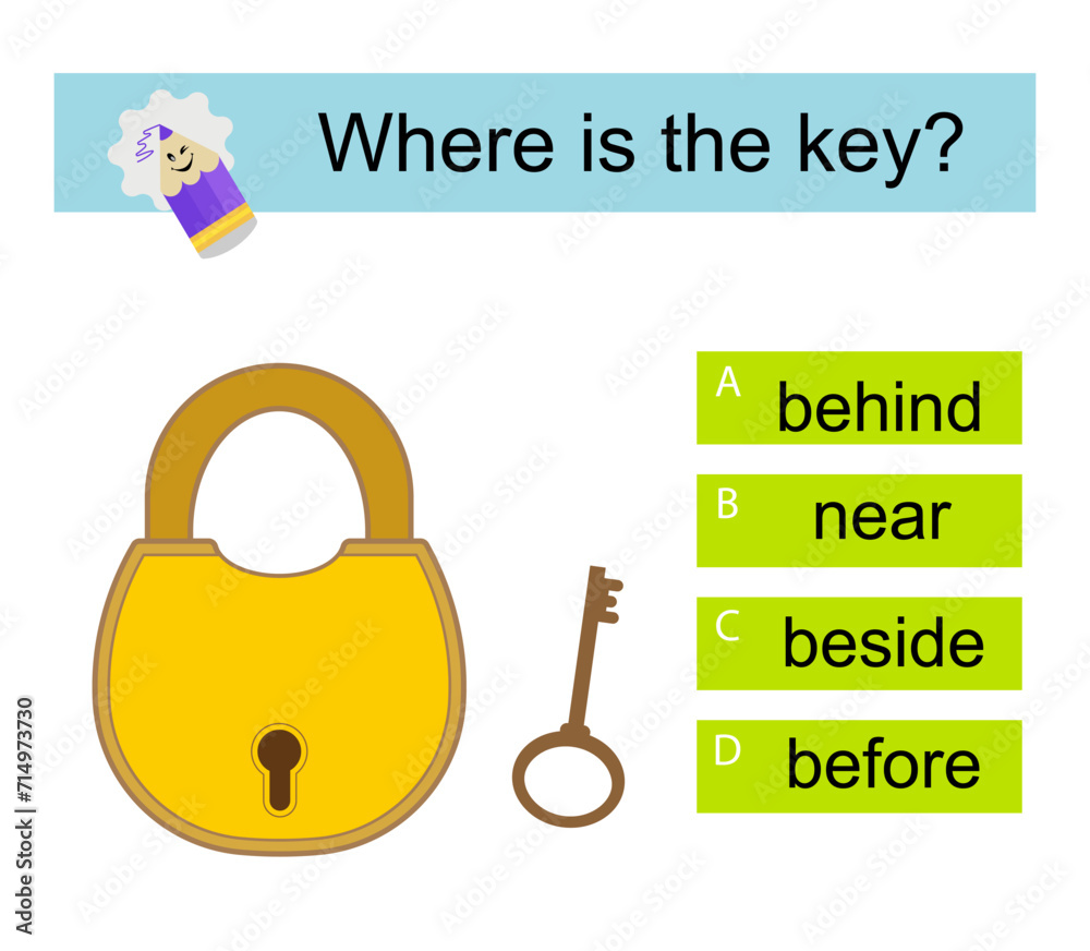 Educational material for kids. Learning prepositions. Where is the key ...