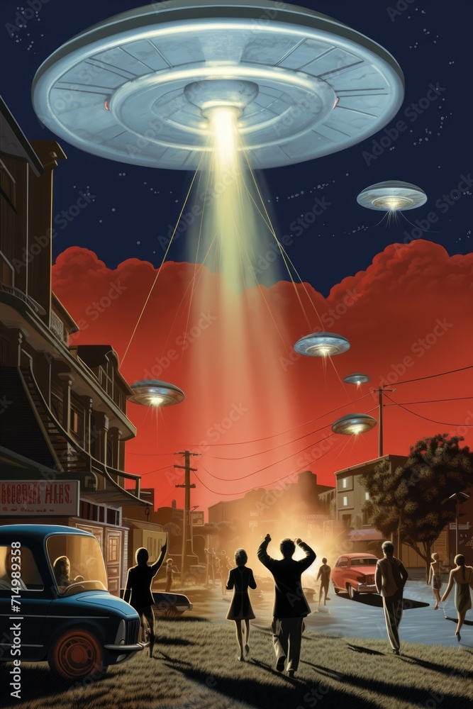 Pulp illustration of an alien invasion in a retro city, classic pulp ...