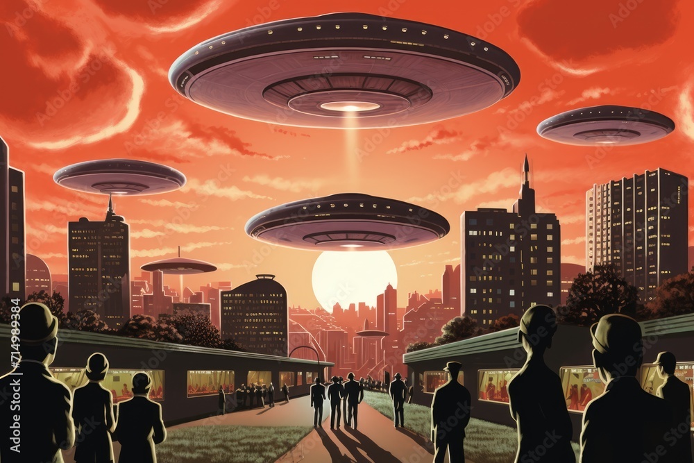 Pulp illustration of an alien invasion in a retro city, classic pulp ...