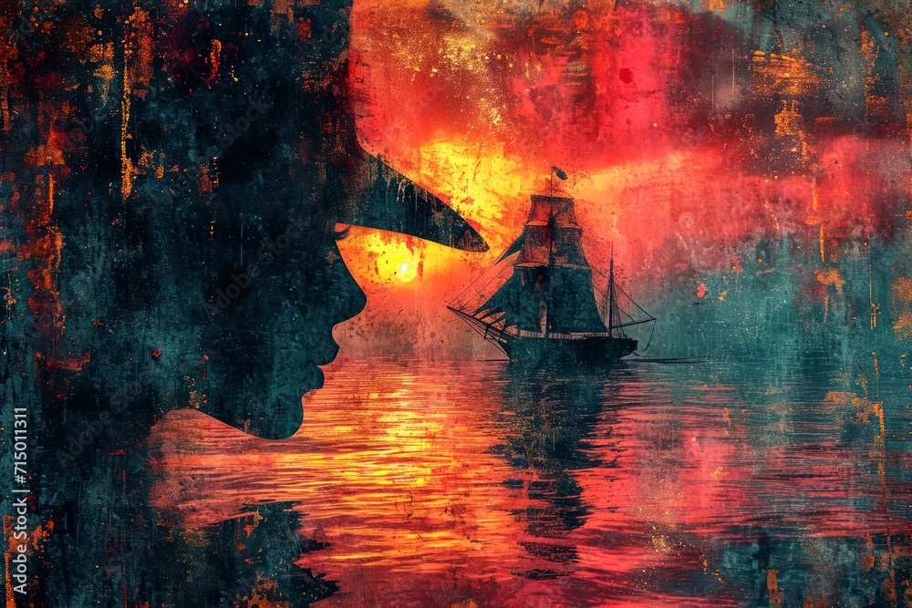 Portrait side view of a woman looking at a sailing ship leaving the h ...
