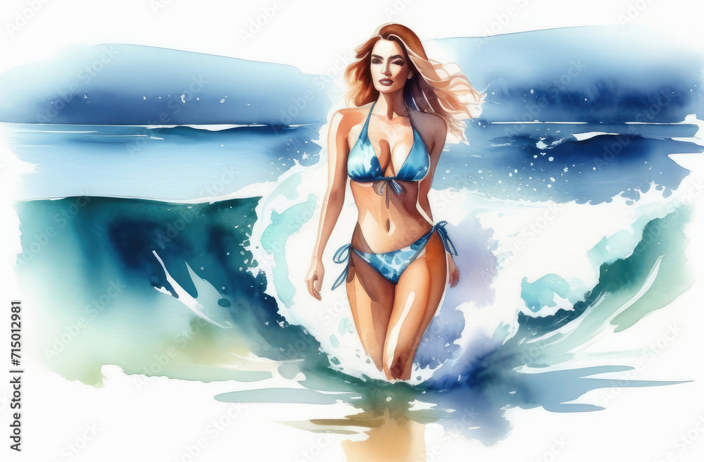 seductive woman in swimsuit. sexy caucasian female in bikini in sea waves, watercolor ...