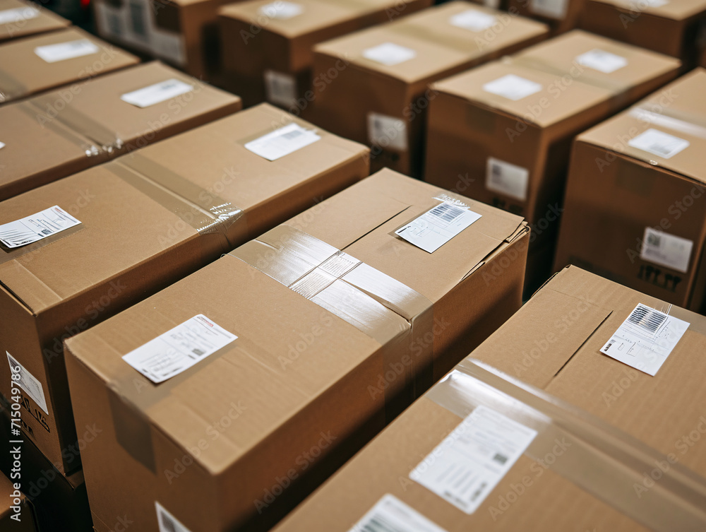 Close-up of stacked cardboard boxes with shipping labels in a warehouse ...