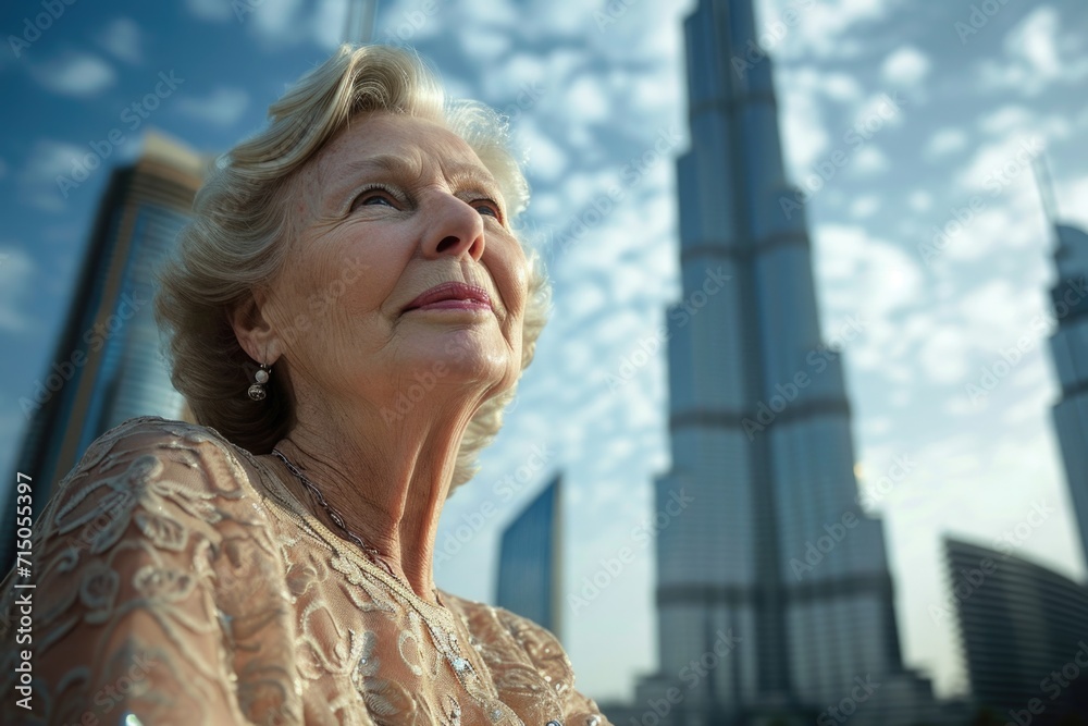 A woman gazes upwards at the sky in front of a towering building ...