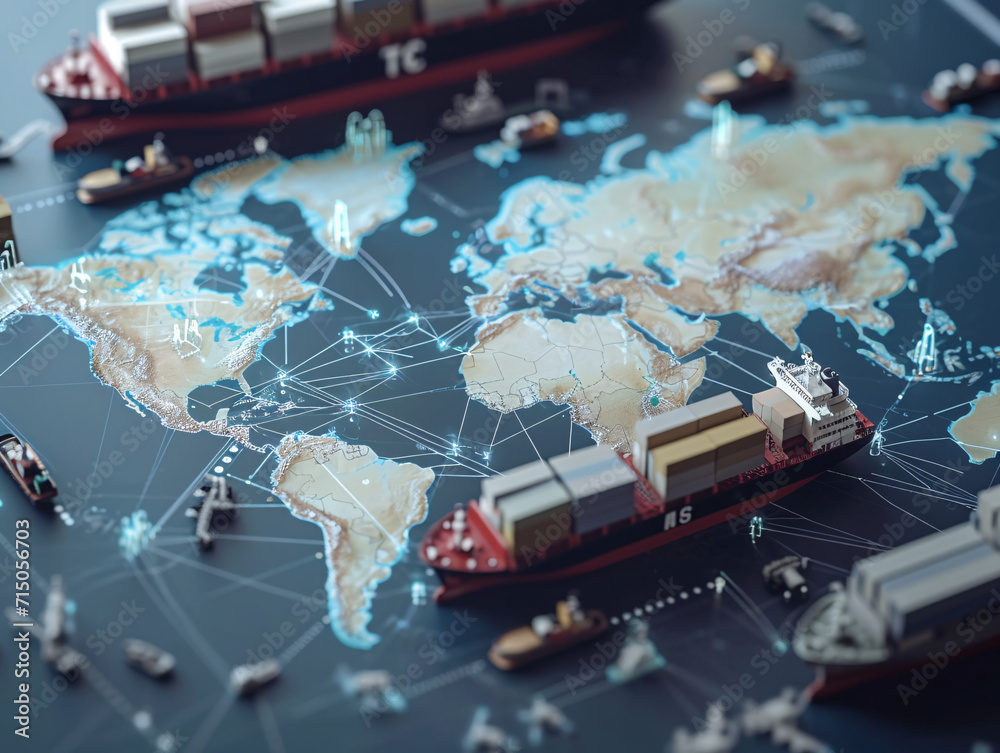 Global shipping and trade routes concept with cargo ships on a stylized ...