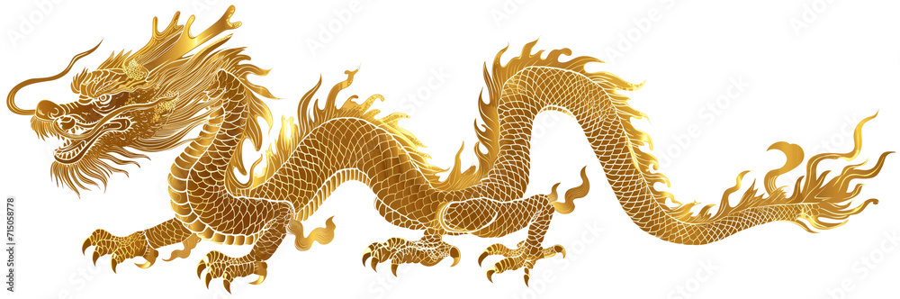 A striking golden Chinese dragon, with ornate details, embodies ...