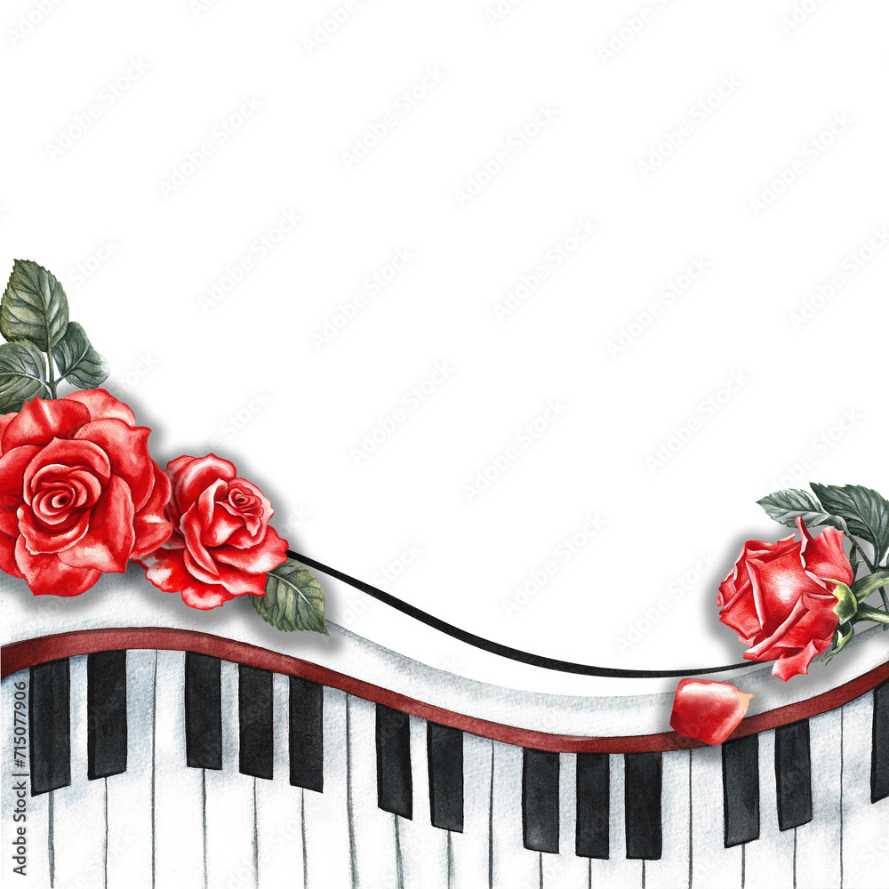 Border frame with musical piano keys decorated with roses. The ...