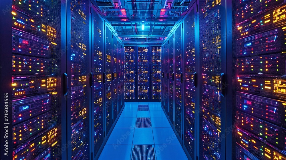 bird's-eye view, array of secure servers in a data center, top view in ...