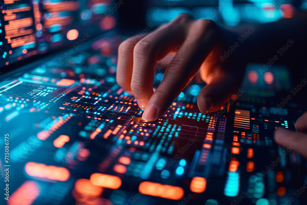 A close-up of hands coding complex algorithms for a futuristic ...