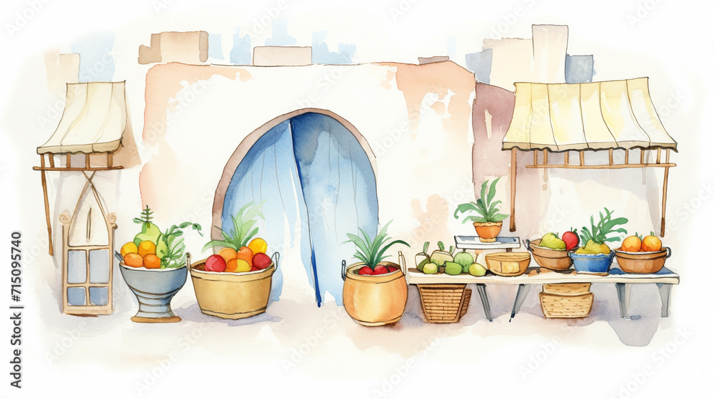 Bustle and color of Moroccan marketplace cartoon drawing, AI Generated ...