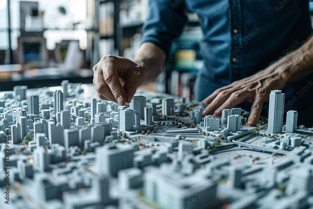 Professional urban planner working on a city model. Detailed scale ...