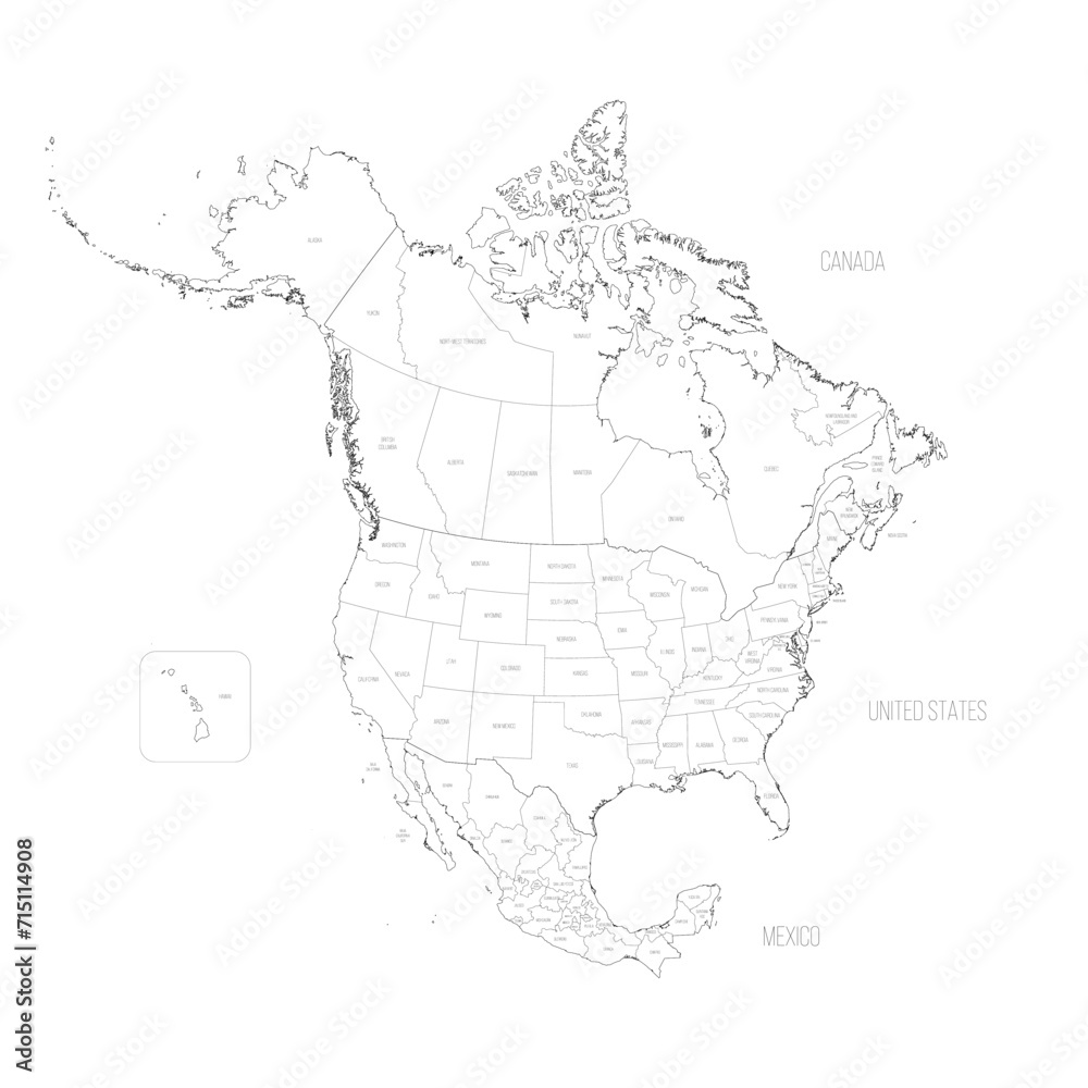 Political map of North American countries Canada, United States of ...