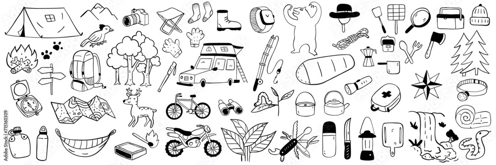 Cute hand drawn sketch design, doodle illustration set. Camping, hiking ...