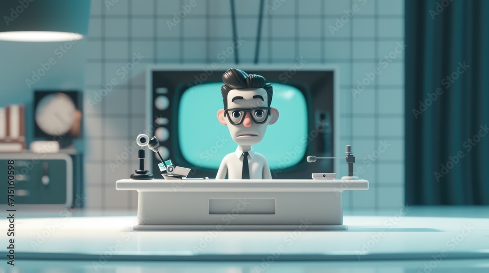 Cartoon digital avatars of a seriouslooking TV anchor sitting behind a ...