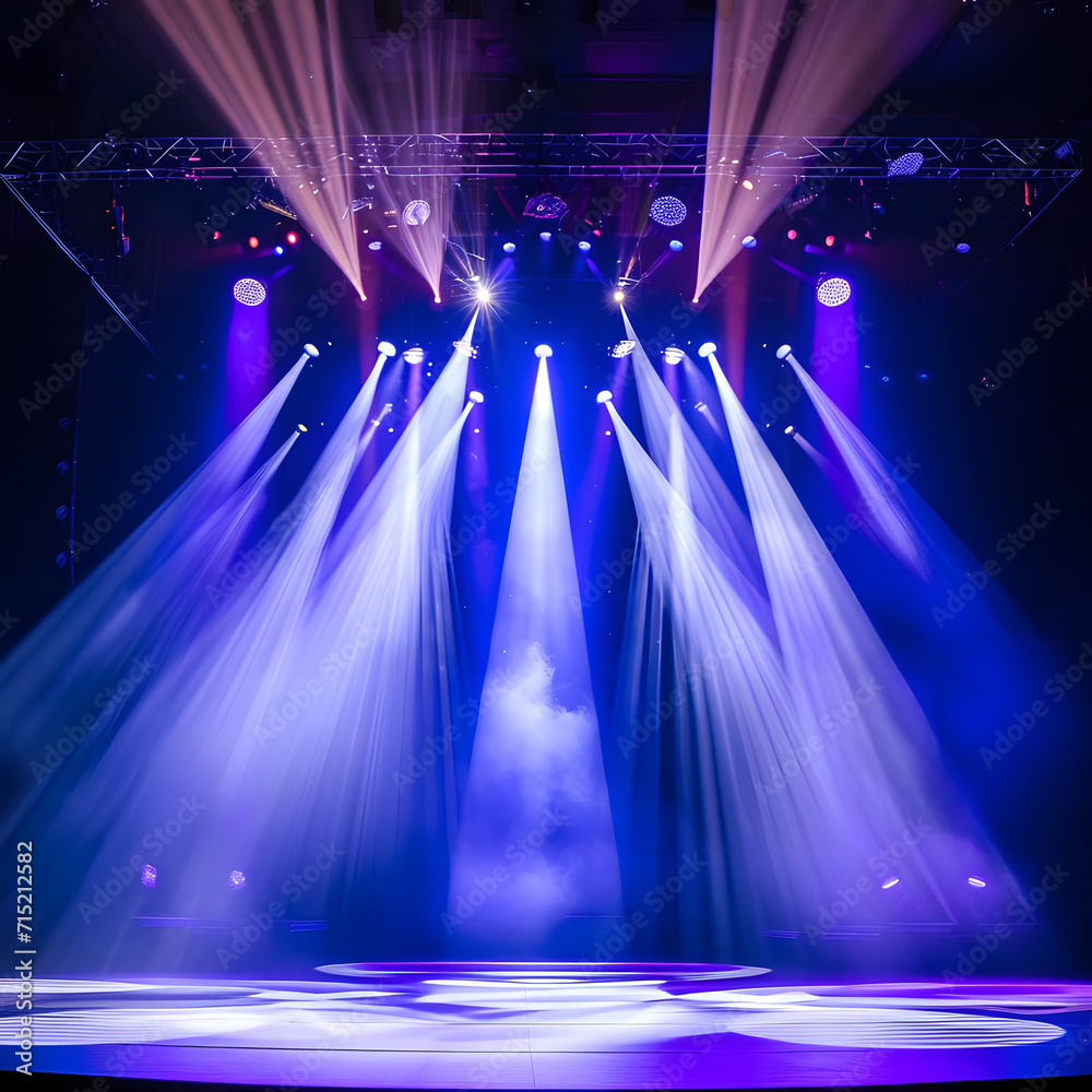 Empty stage illuminated with spotlights and dynamic color washes ...